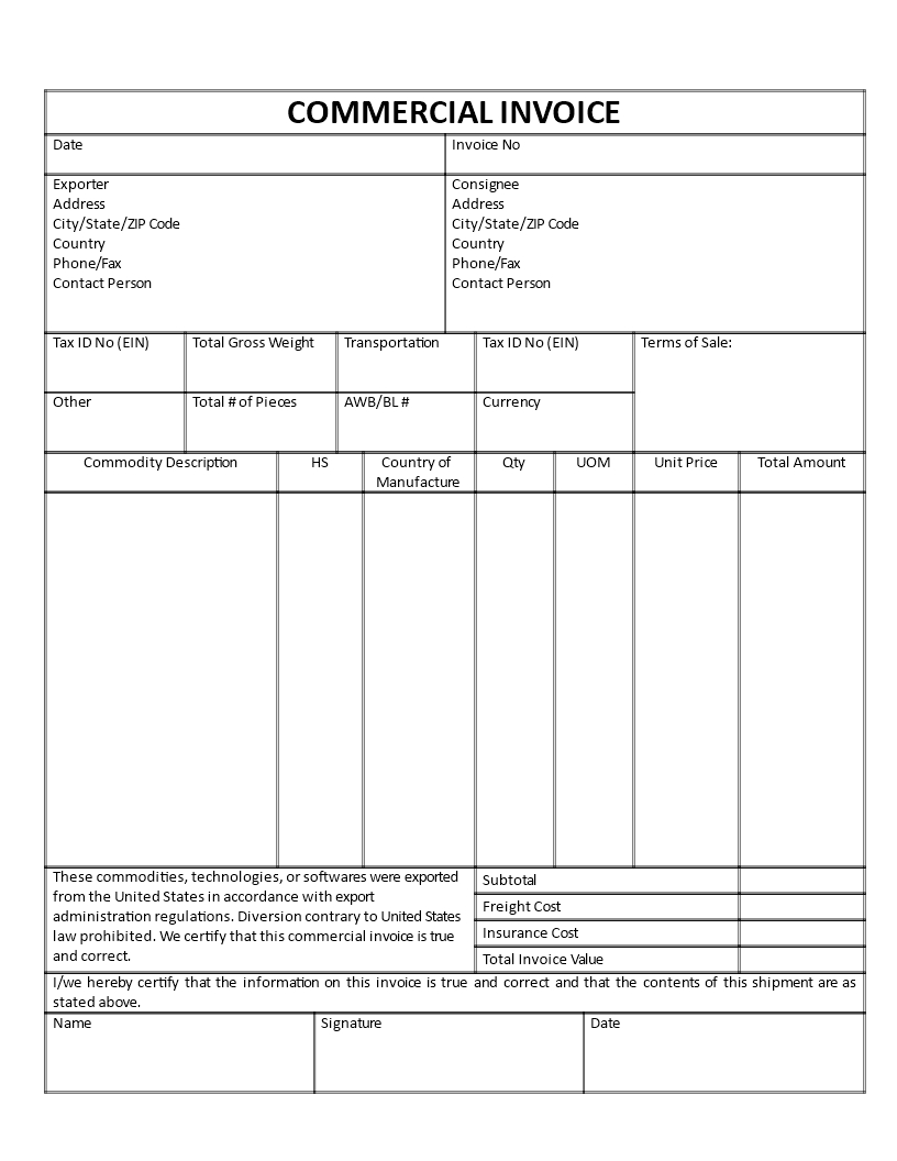 Commercial Invoice Template Word Doc