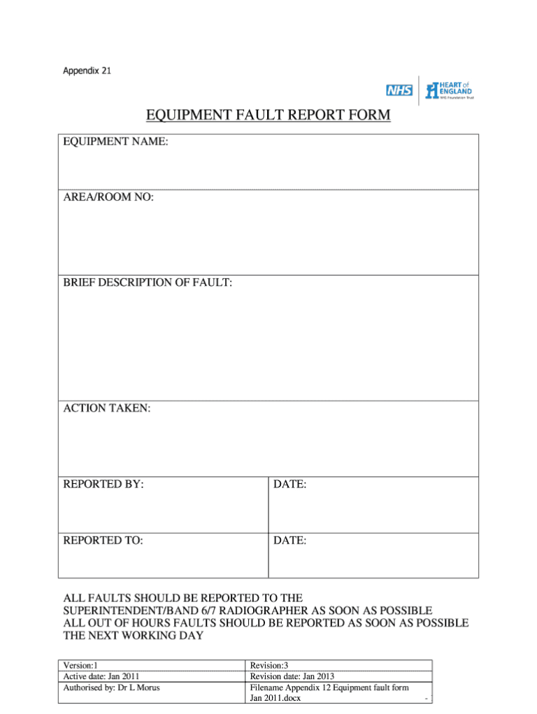 Equipment Fault Report Template