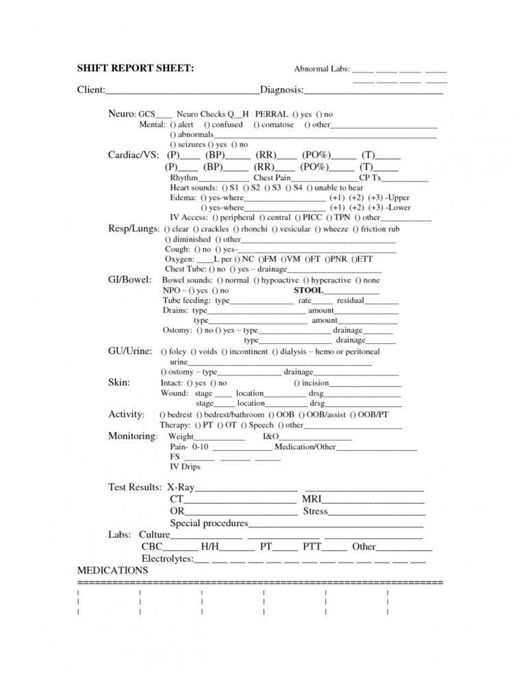Nursing Shift Report Template New Gallery Nurse Sheet With Med Surg 