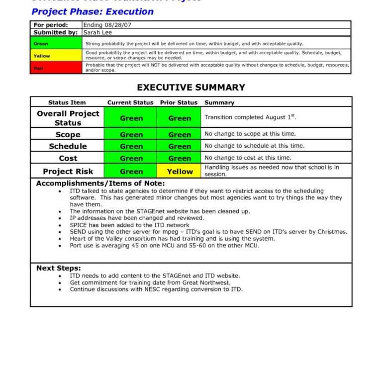 Report Examples Project Status Sample Template Excel With Regard To Executive Summary Project 
